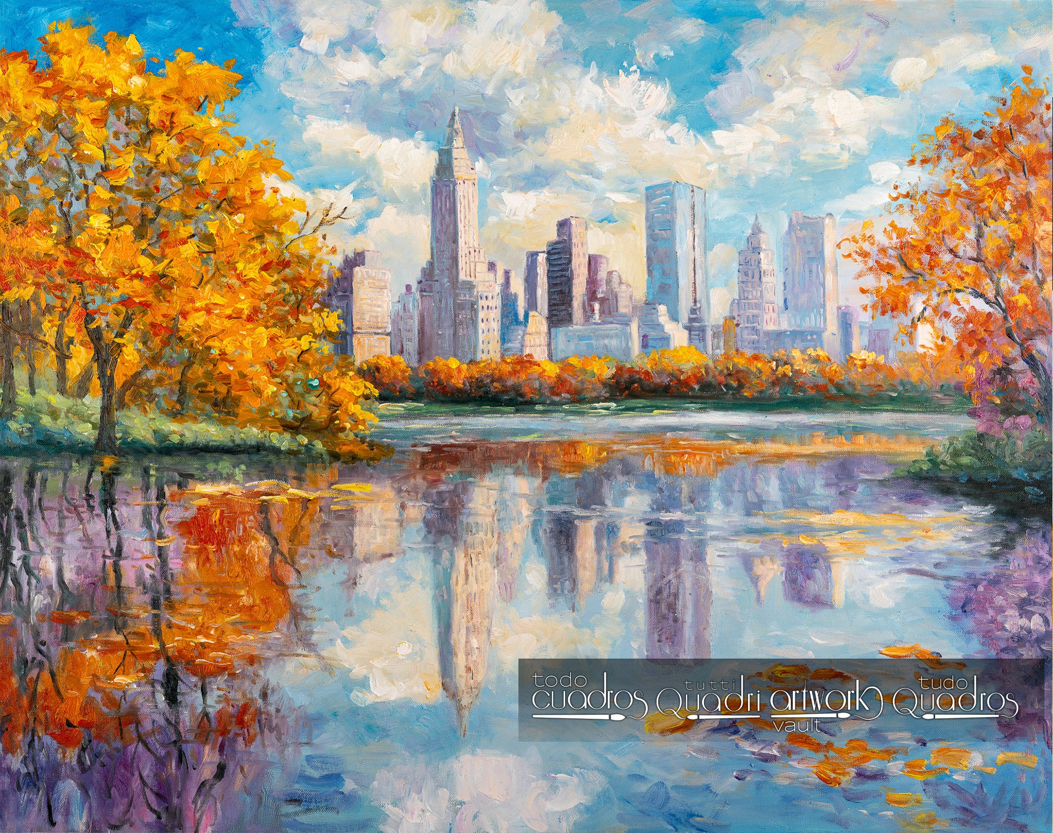 Espejos de otoño en New York, cuadro al óleo estilo Monet moderno
